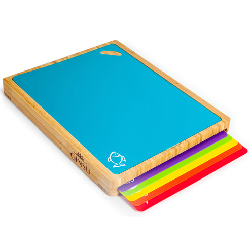 Ginsu Bamboo Wood Cutting Board Set with 6 Color-Coded Mats and Food I ...
