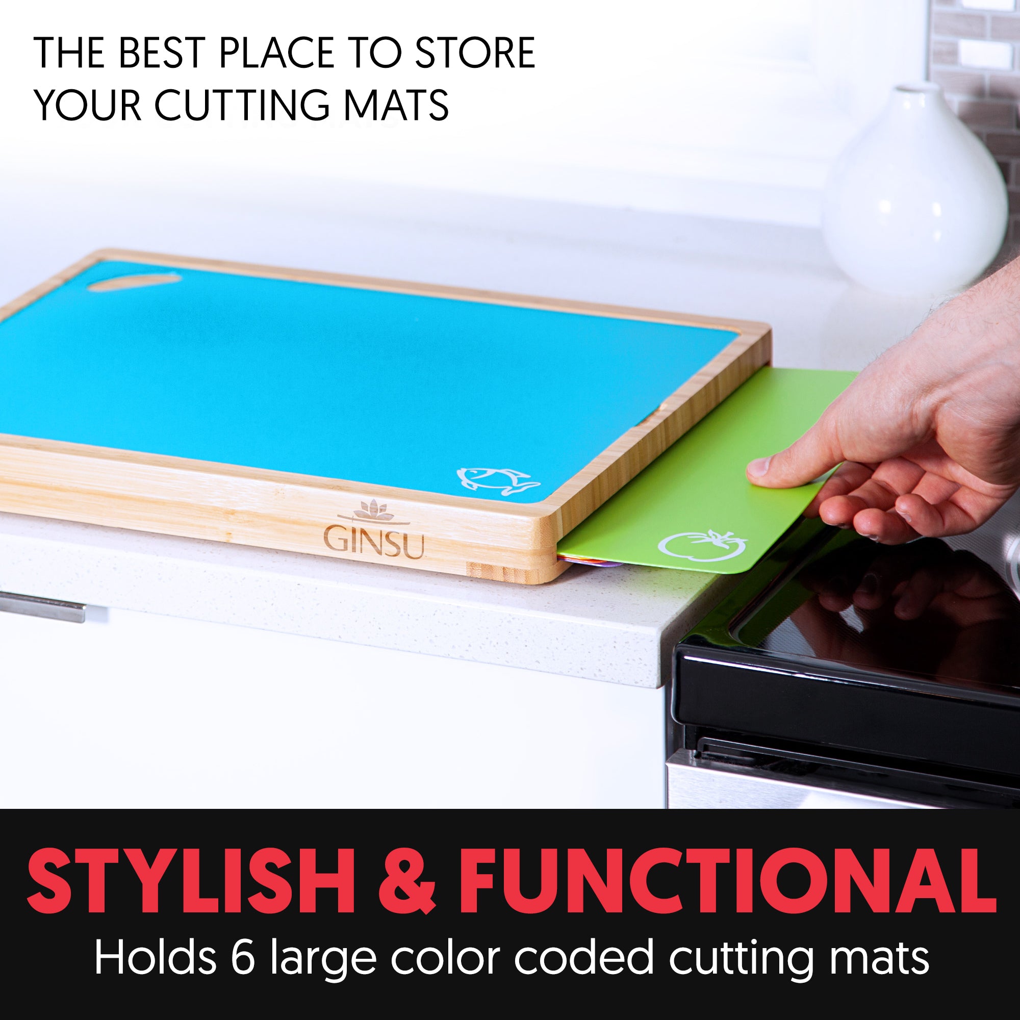 Ginsu Bamboo Wood Cutting Board Set with 6 Color-Coded Mats and Food I ...